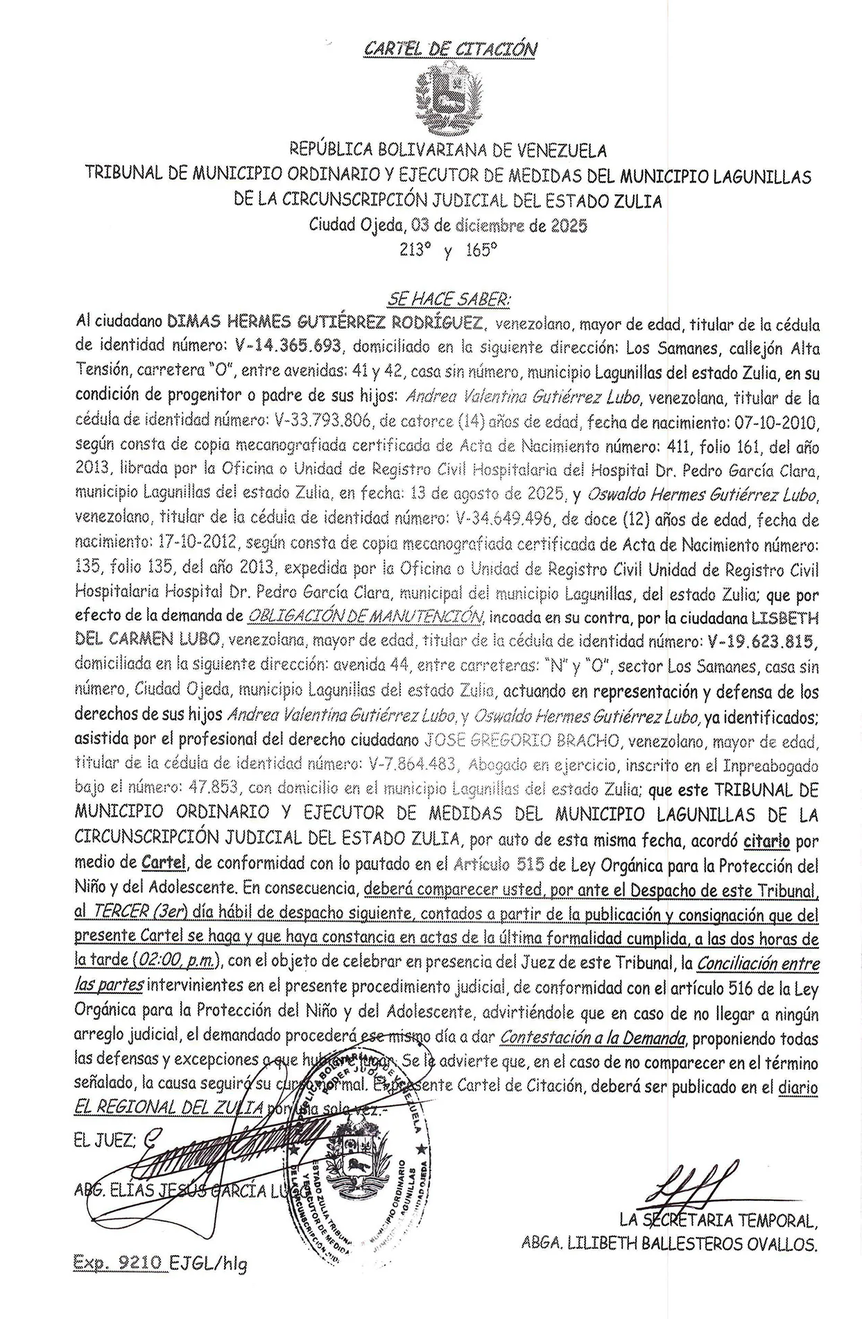 CARTEL DE CITACIÓN "DIMAS HERMES GUTIÉRREZ RODRÍGUEZ"