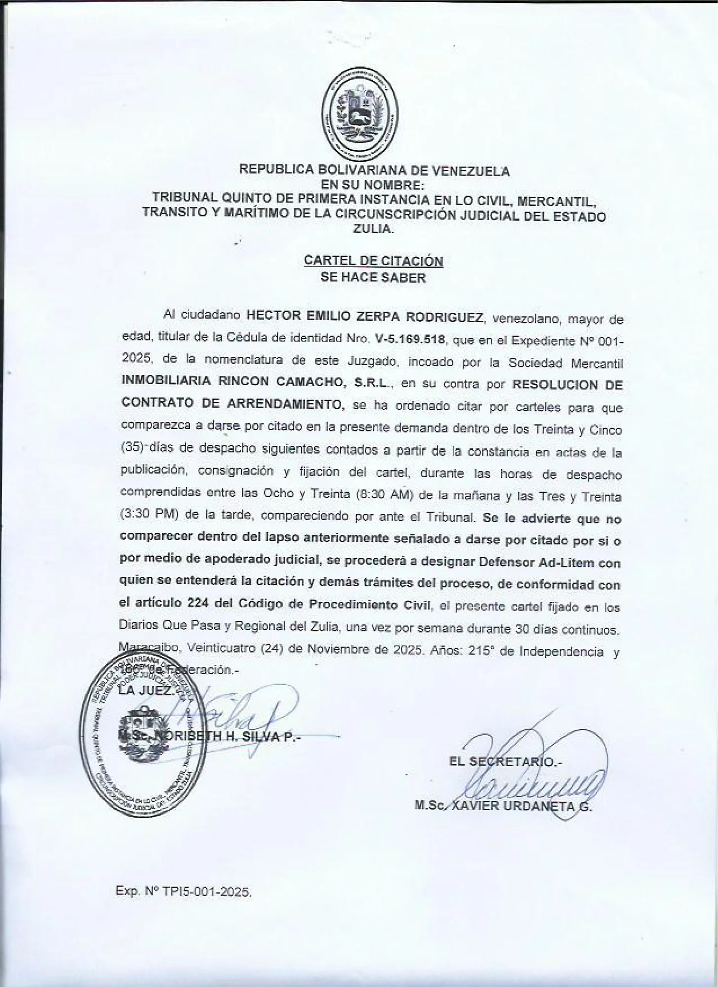 4.- CARTEL DE CITACIÓN "HECTOR EMILIO ZERPA RODRIGUEZ"