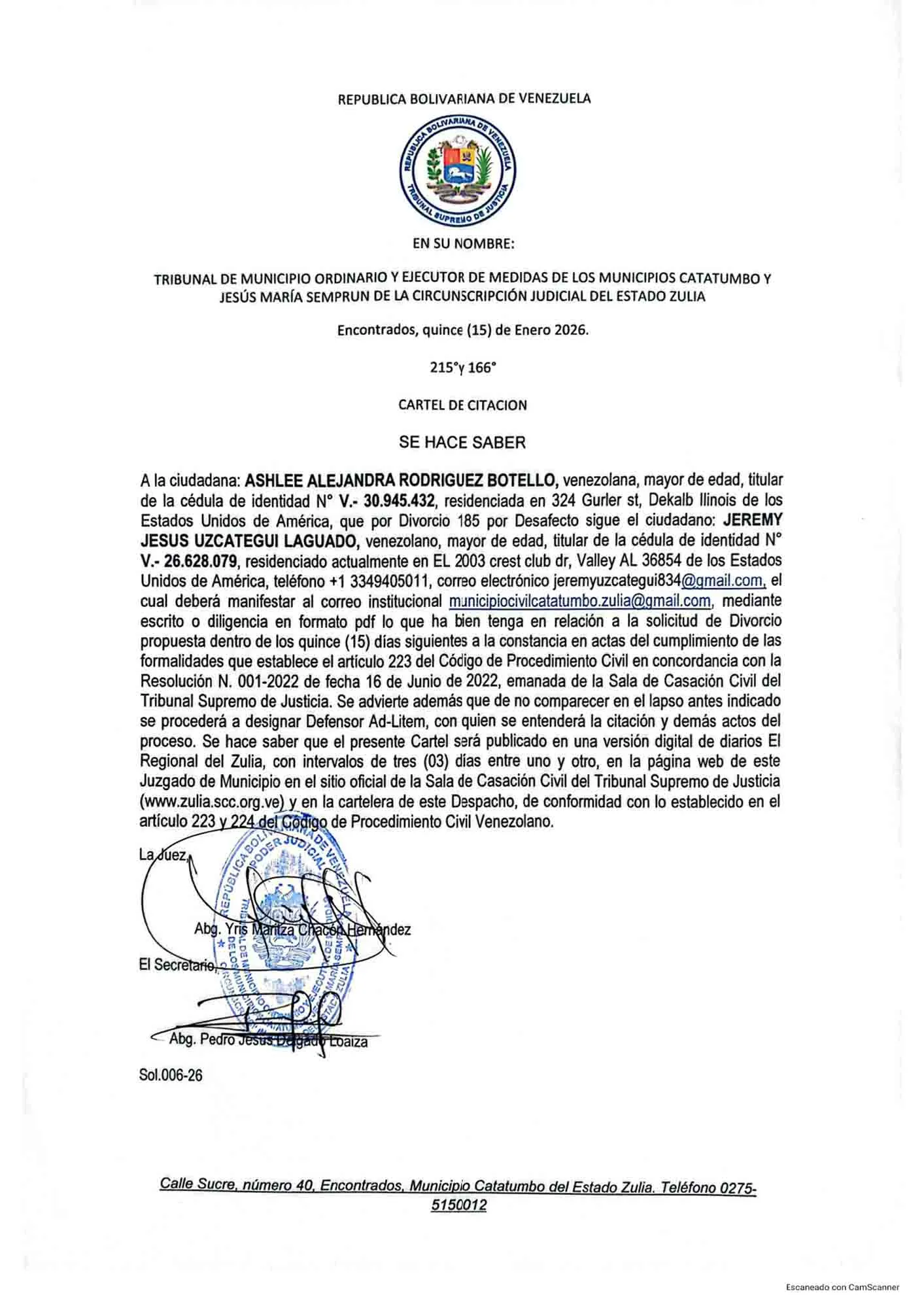 CARTEL DE CITACIÓN - "ASHLEE ALEJANDRA RODRIGUEZ BOTELLO"