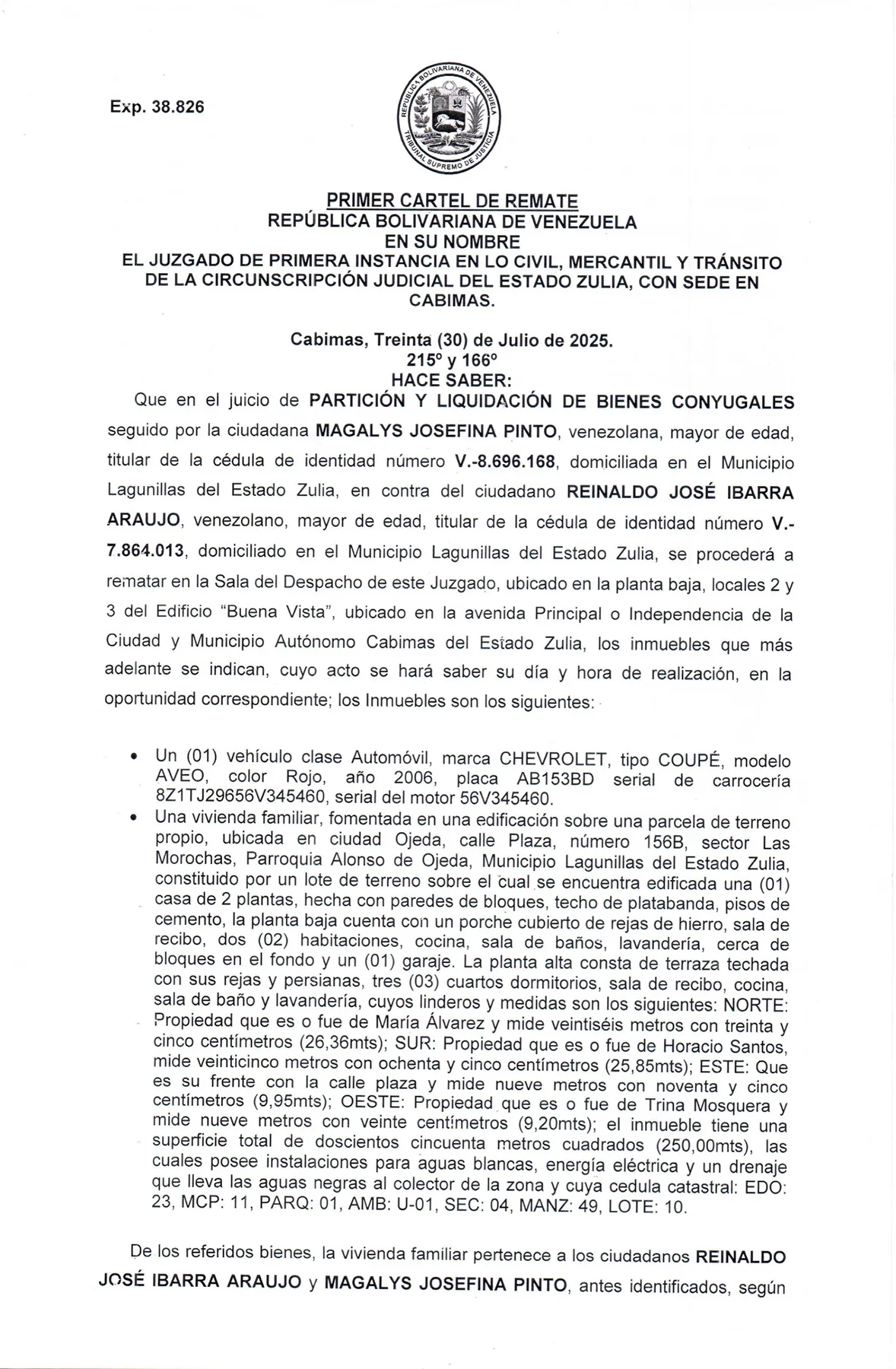 PRIMER CARTEL DE REMATE – SE HACE SABER – PARTICIPACIÓN Y LIQUIDACIÓN ...