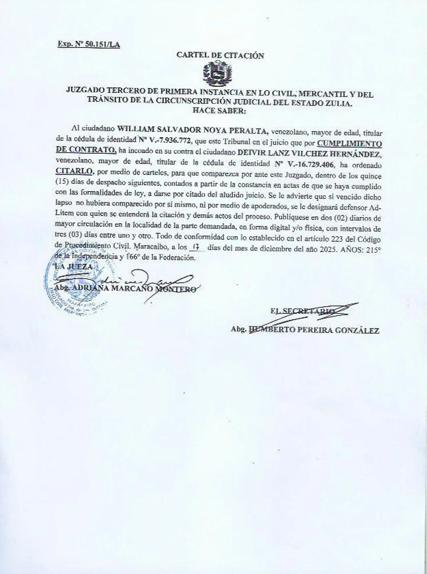 CARTEL DE CITACIÓN: WILLIAM SALVADOR NOYA PERALTA