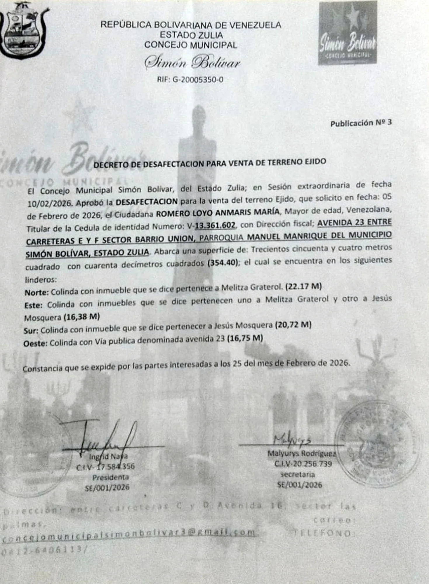DECRETO DE DESAFECTACIÓN PARA LA VENTA DE TERRENO EJIDO «ROMERO LOYO ...